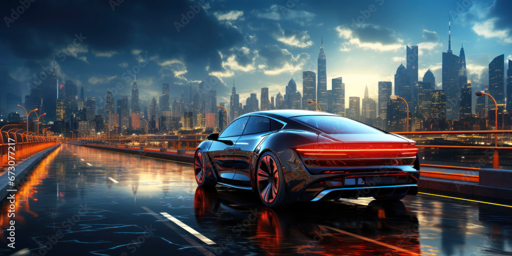 Electric vehicle driving at modern urban city night on highway concept ...