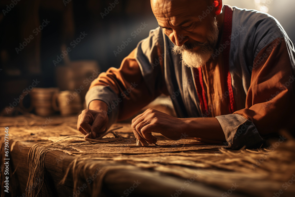 vintage-style poster of the art of papyrus making, where an artisan ...