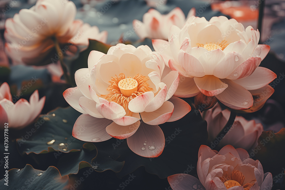 vintage-style poster of close-up of blooming lotus flowers, symbolizing ...