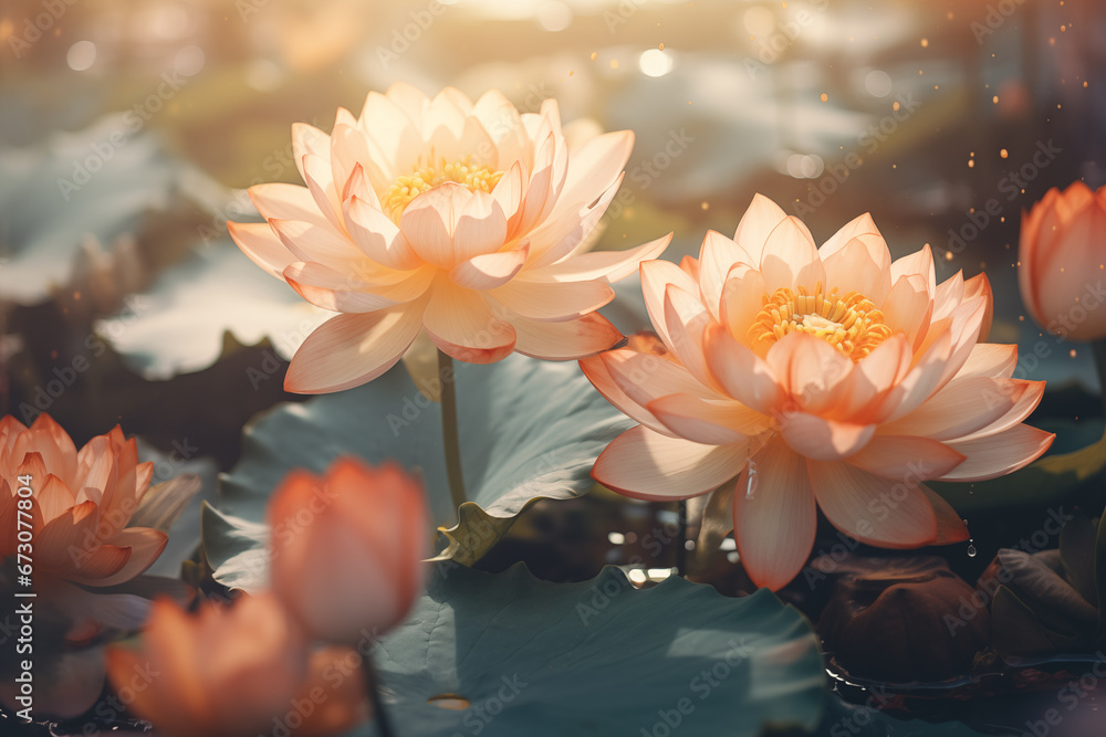 vintage-style poster of close-up of blooming lotus flowers, symbolizing ...