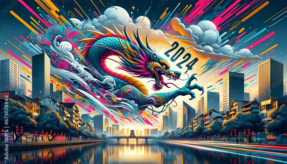 A fierce Chinese dragon coils dynamically around the year "2024 ...