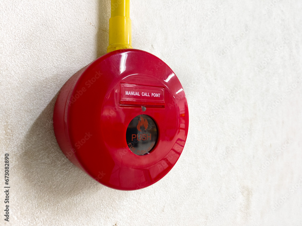 Fire alarm push button on the wall in the laboratory. Heat alarm ...