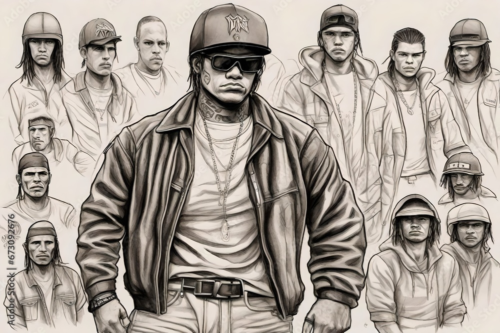 A pencil sketch style drawing of a young man motorcycle gang member ...