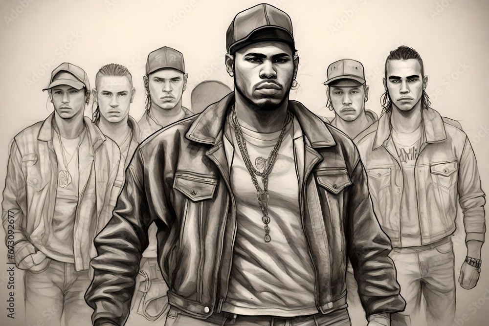 A pencil sketch style drawing of a young man motorcycle gang member ...