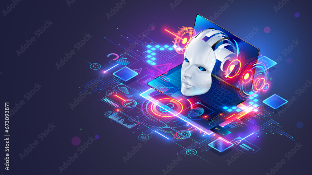 AI chat bot on laptop. Computer cyber security technology. Internet online chat bot face looks ...