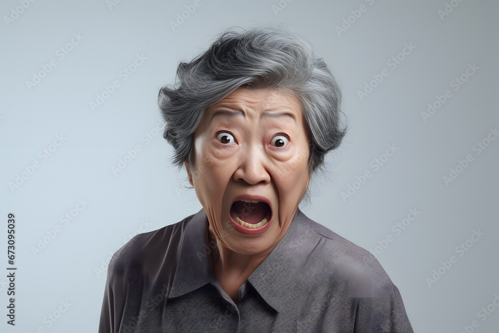 Mad senior Asian woman yelling on grey background. Neural. Neural ...