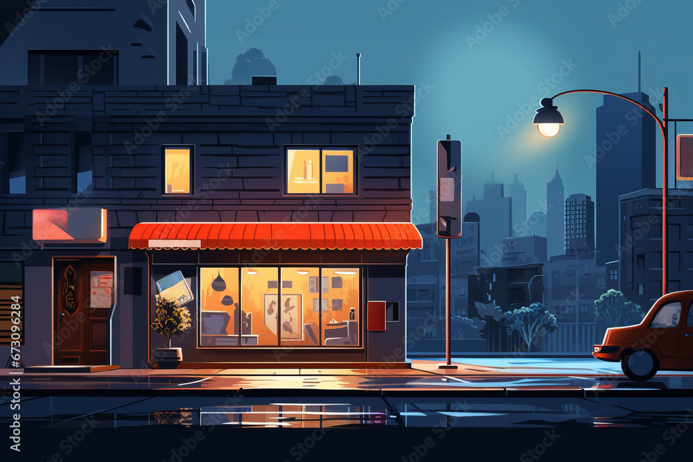 Beautiful illustration of a night shop in the city illuminated by ...