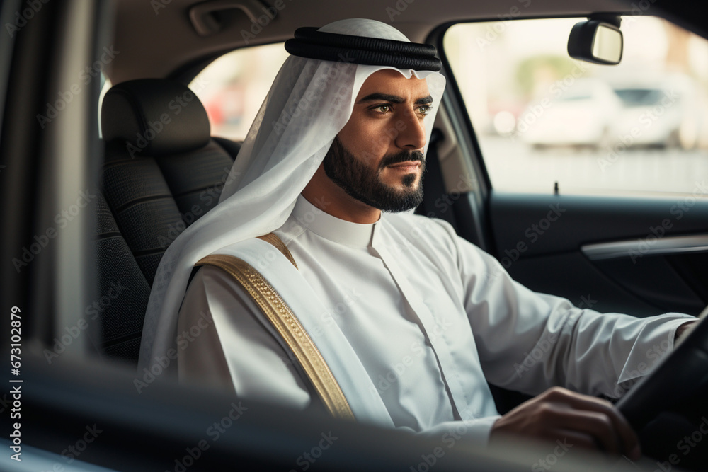 Middle Eastern man driving his car, he's wearing the typical Emirati ...