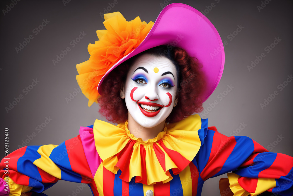 Intriguingly amusing clown woman adorned in vibrant attire. An ...