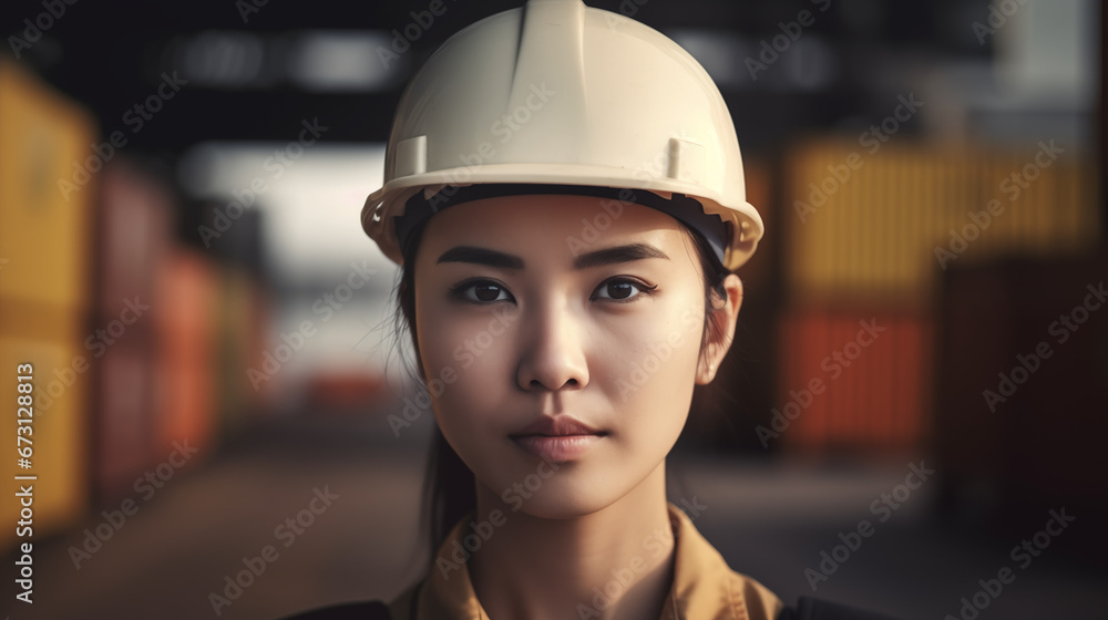 female asian worker at container terminal working at harbour wearing ...