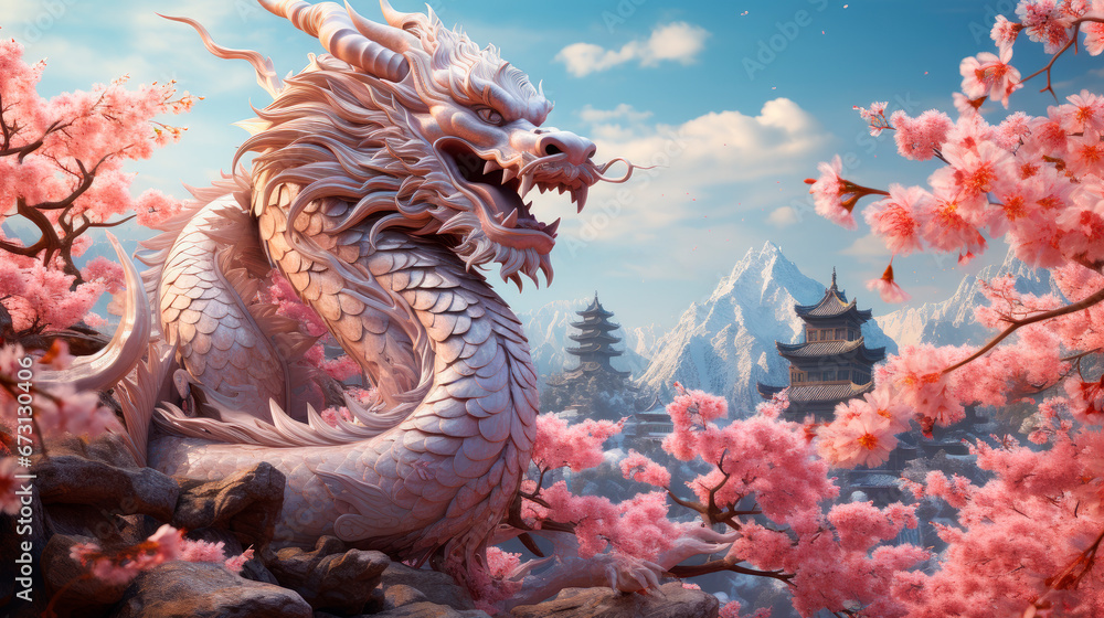 Chinese new year 2024 the dragon zodiac sign with blooming trees and ...