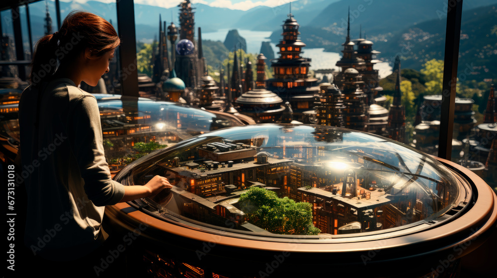 Fotografia do Stock: Woman Observing Futuristic City Model. A young ...