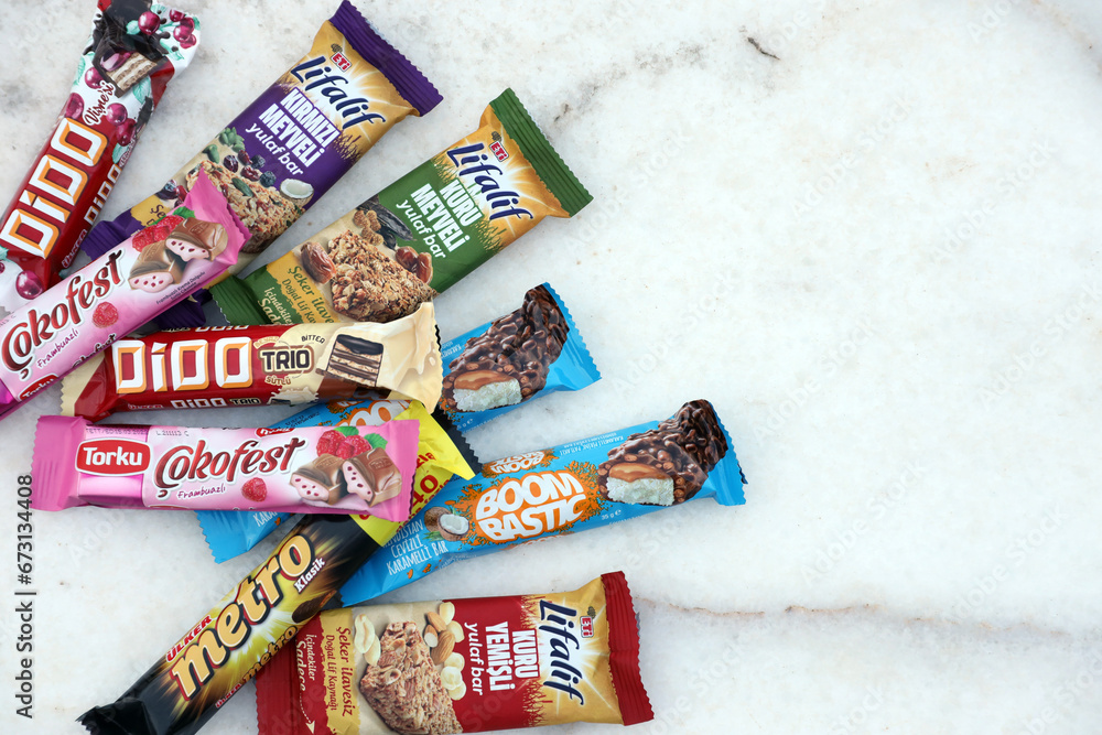 ANTALYA, TURKEY - MAY 18, 2021 Many tasty chocolate bars of various ...