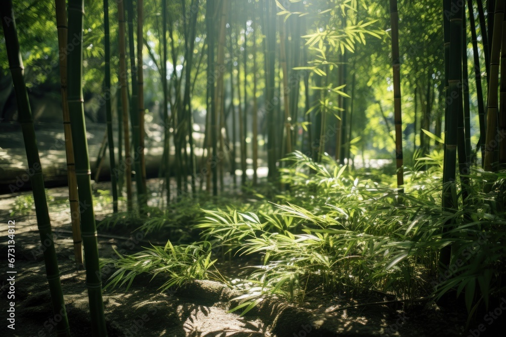 sun shining through bamboo plants in a japanese garden. nature, freedom ...