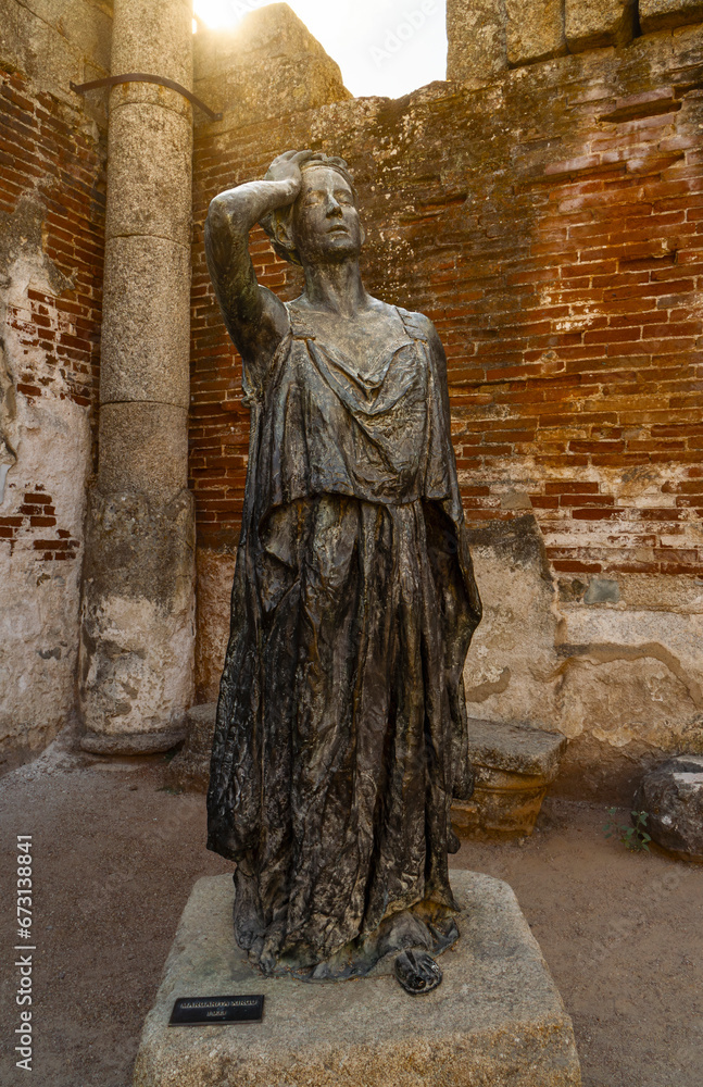 Tribute in bronze statue of the actress Margarita Xirgu in a courtyard ...