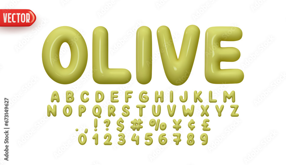 Font realistic 3d design, olive colors. Complete alphabet and numbers ...