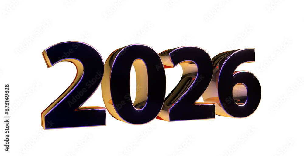 2026 plakative metallische schwarz goldene 3D-Schrift, Jahreszahl, Kalender, Perspektive, Nummer ...