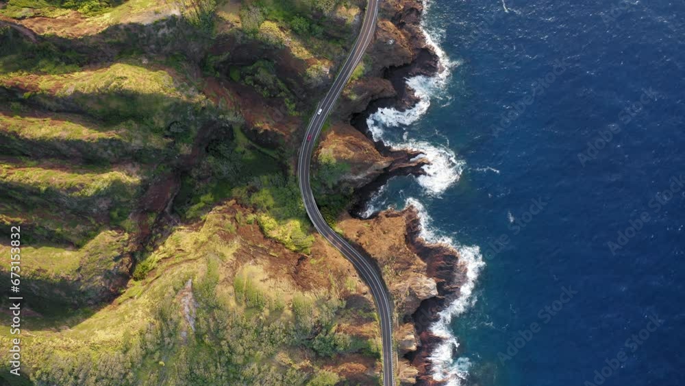 Aerial view of Kalanianaole Highway along the rugged coastline, Oahu ...