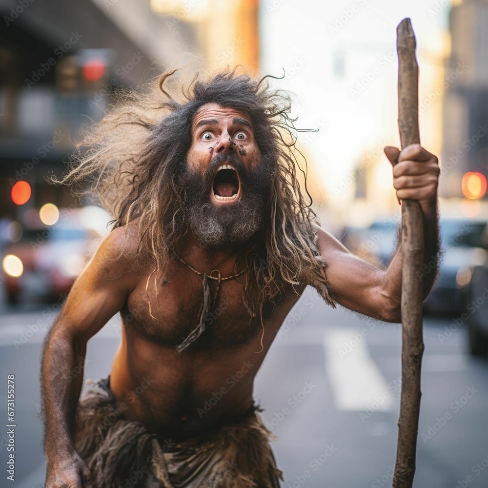 AI generated illustration of a shocked caveman with a stick standing in ...