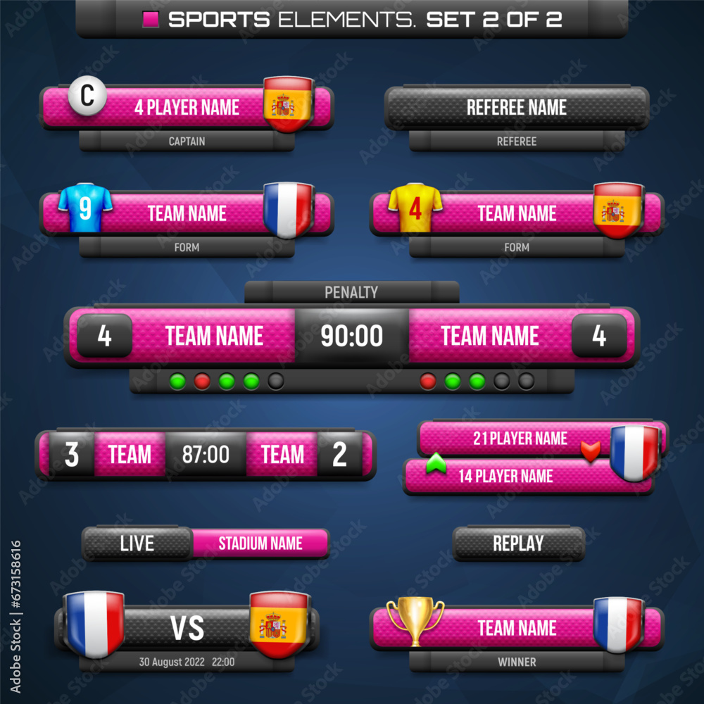 Football elements for broadcasting match. Sport scoreboard with time ...