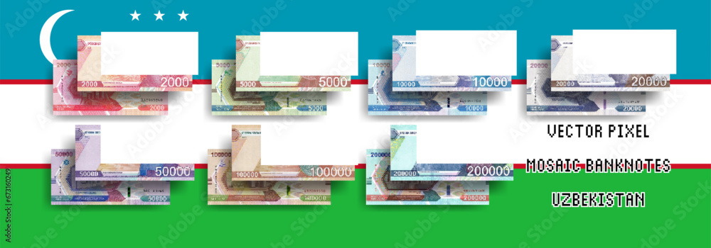 Vector set of pixel mosaic banknotes of Uzbekistan. Collection of bills ...