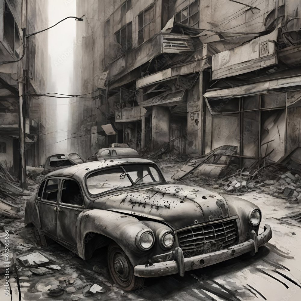 An eerie depiction of a bullet-riddled, abandoned vehicle in a desolate ...