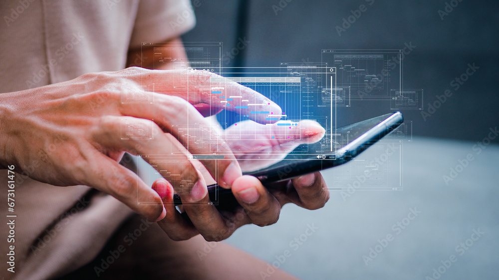 Business people are touching the smartwatch Analyst working with ...