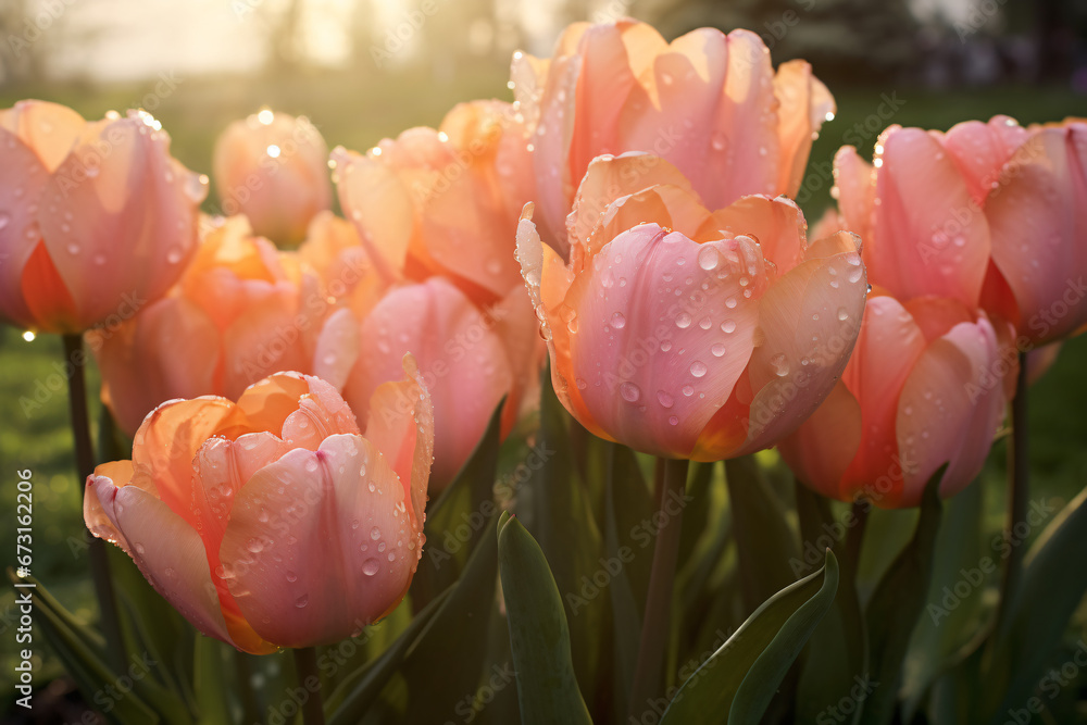Dew-kissed peach tulips basking in sunlight. Spring nature's beauty ...
