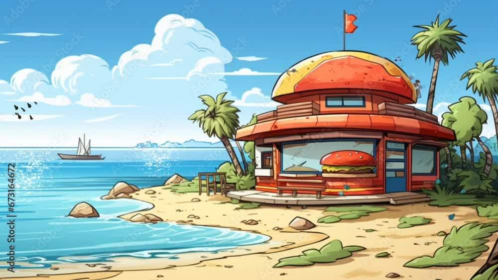 restaurant on the beach with butterfly with cartoon or anime style ...
