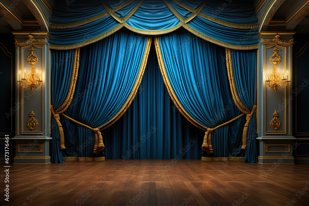 theater hall with luxury square columns with elegant lamps and blue ...