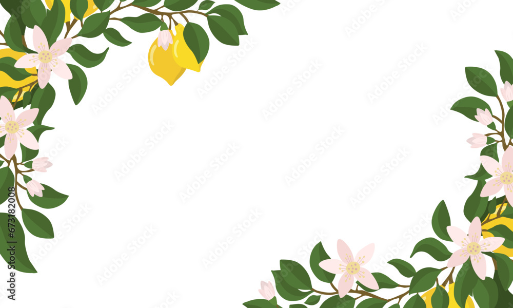 Rectangular border of lemon twigs and lemons, angular composition ...