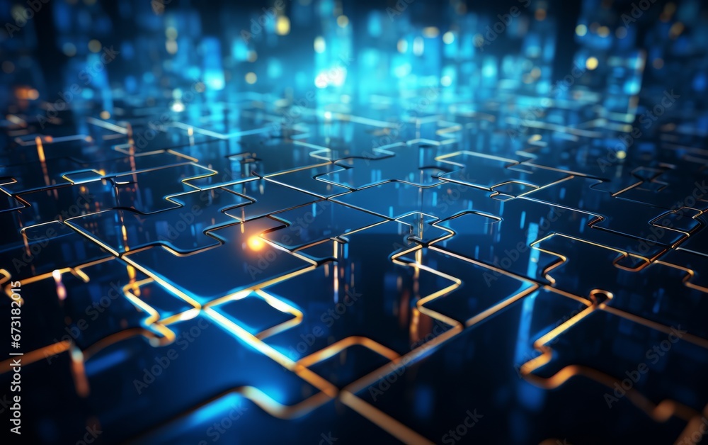 A series of interconnected puzzle pieces with glowing edges, conveying ...