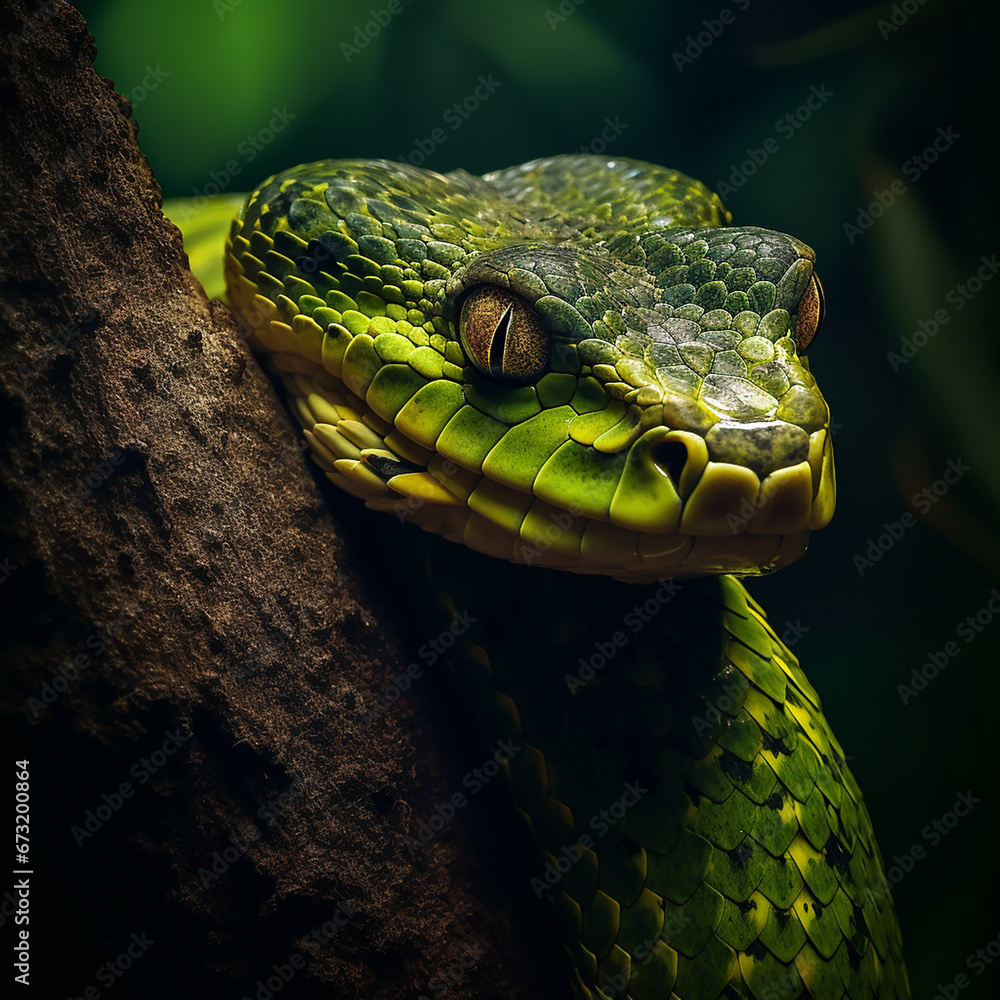 pit viper snake wrapped around tree branch vertically with head forward ...