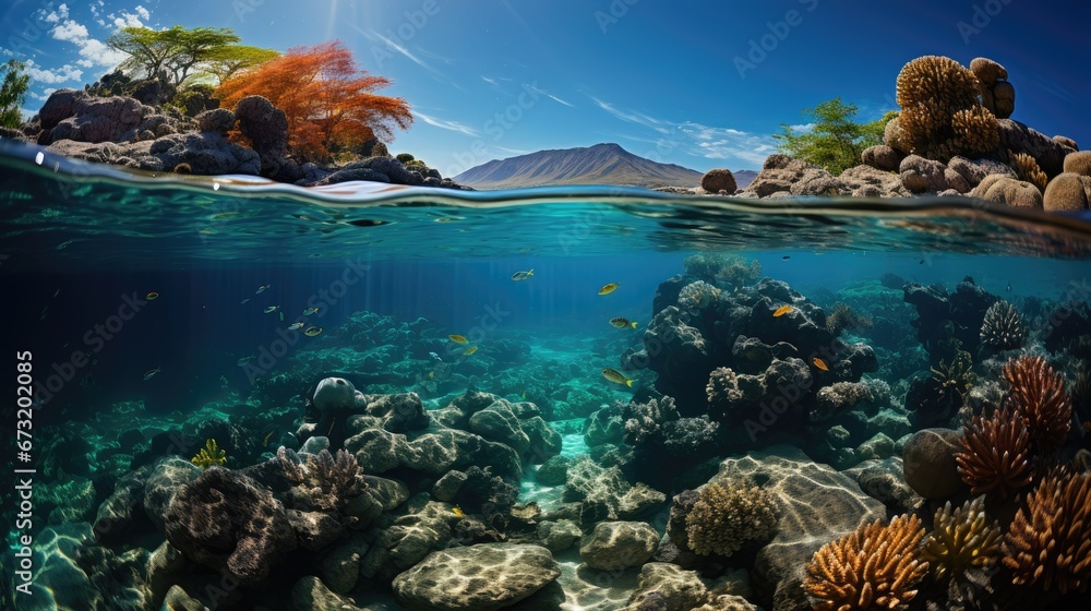 Beautiful underwater half panoramic view with tropical fish, coral ...