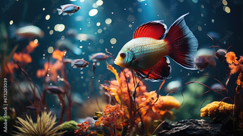 Colorful aquarium background with tropical fish freshwater angelfish ...