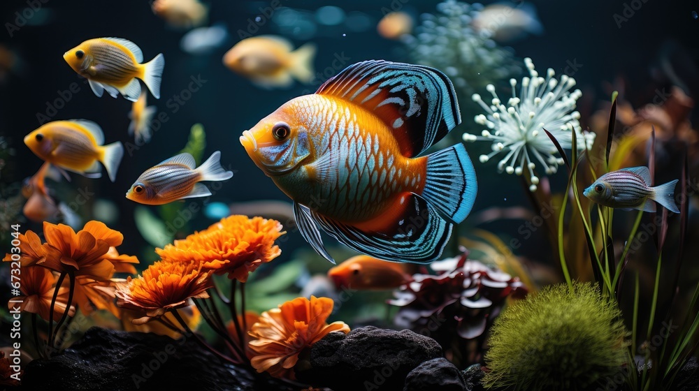 Colorful aquarium background with tropical fish freshwater angelfish ...