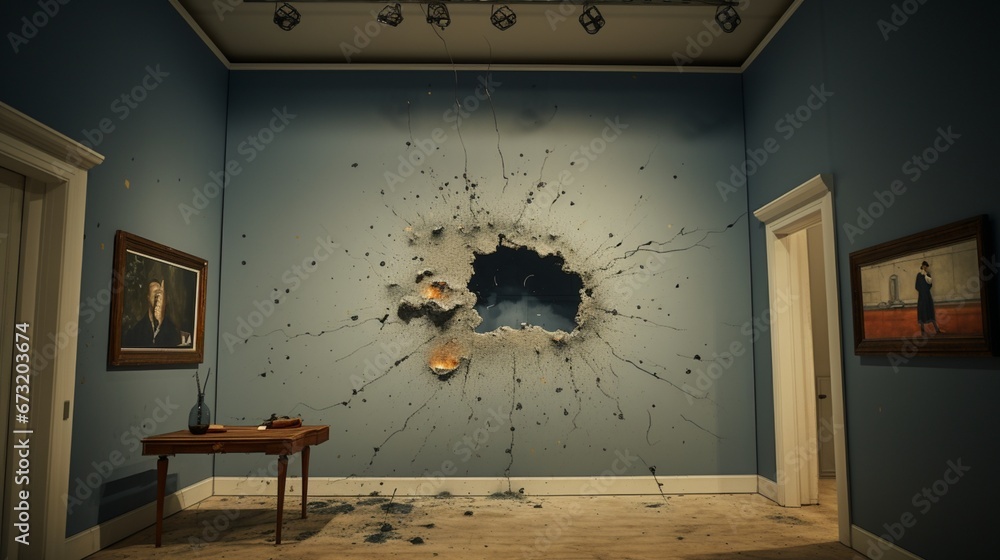 An art installation includes 2 bullet holes in the wall and in a ...