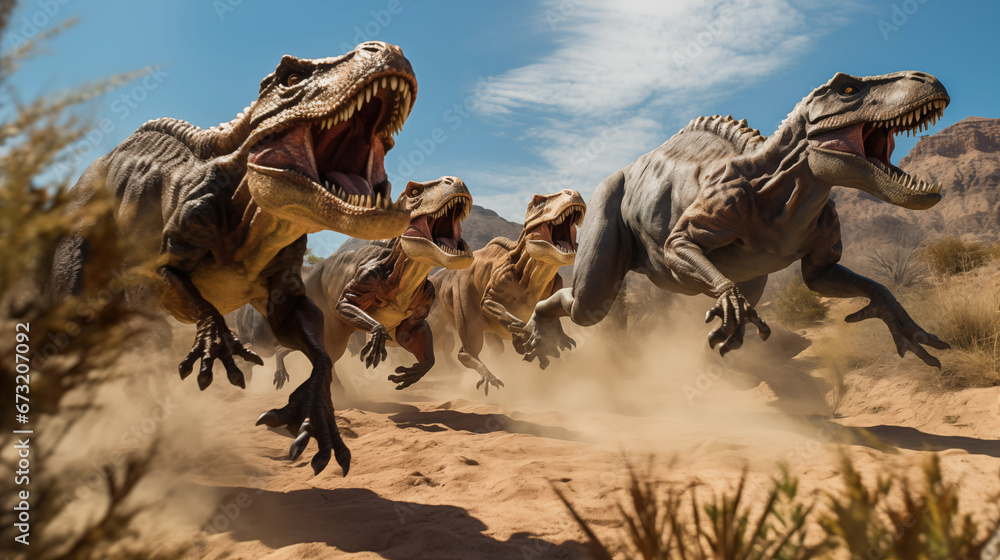 Roaring carnivorous dinosaurs flock of hunters running fast. Generative ...