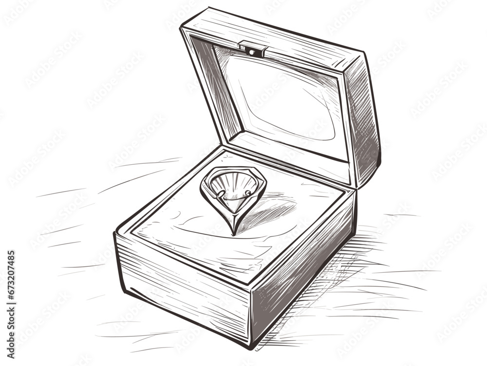 Drawing of Illustration of isolated diamond ring in the box ...