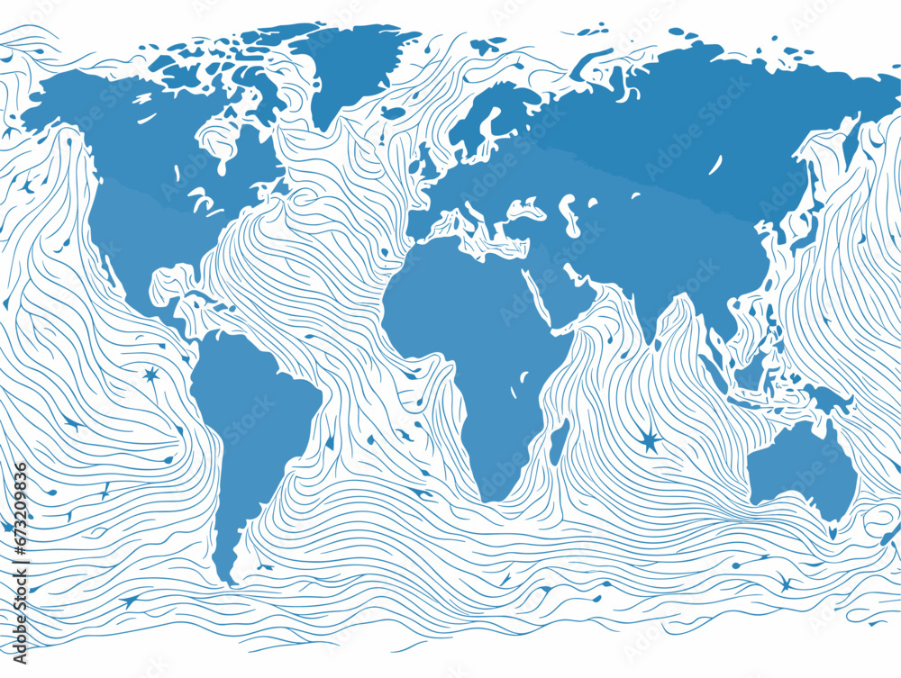 Drawing of Map of the world with oceans and seas illustration separated ...