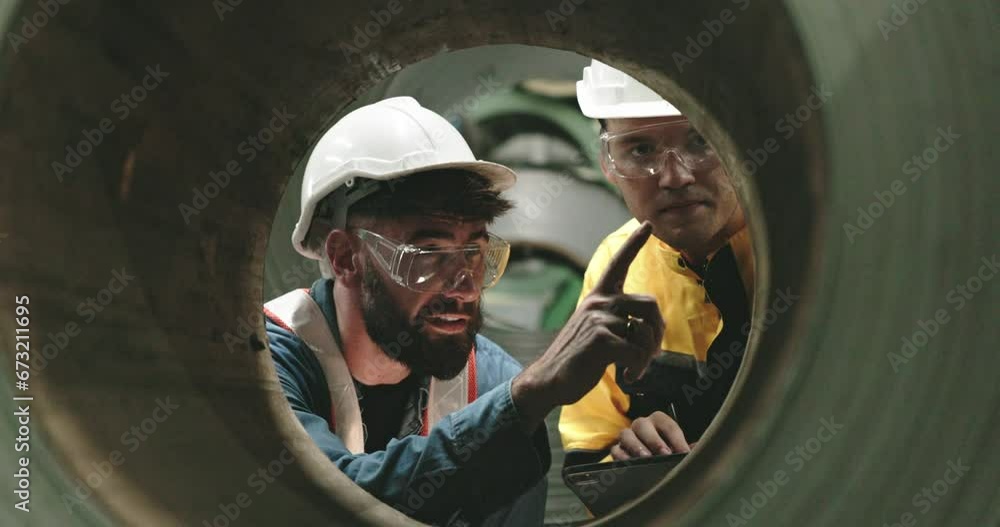 Team of engineer workers wearing safety helmets Use tablets to inspect ...