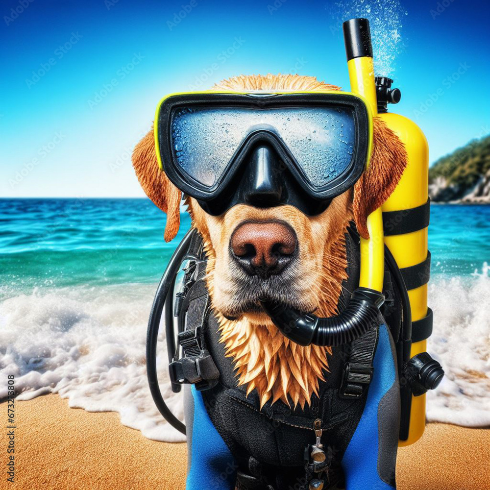 dog dressed in a scuba diver's suit on the beach, digital graphics ...
