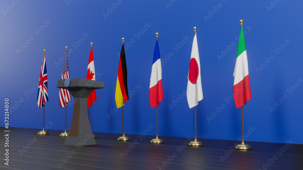 G7 summit. flags of members of G7 group of seven and list of countries ...