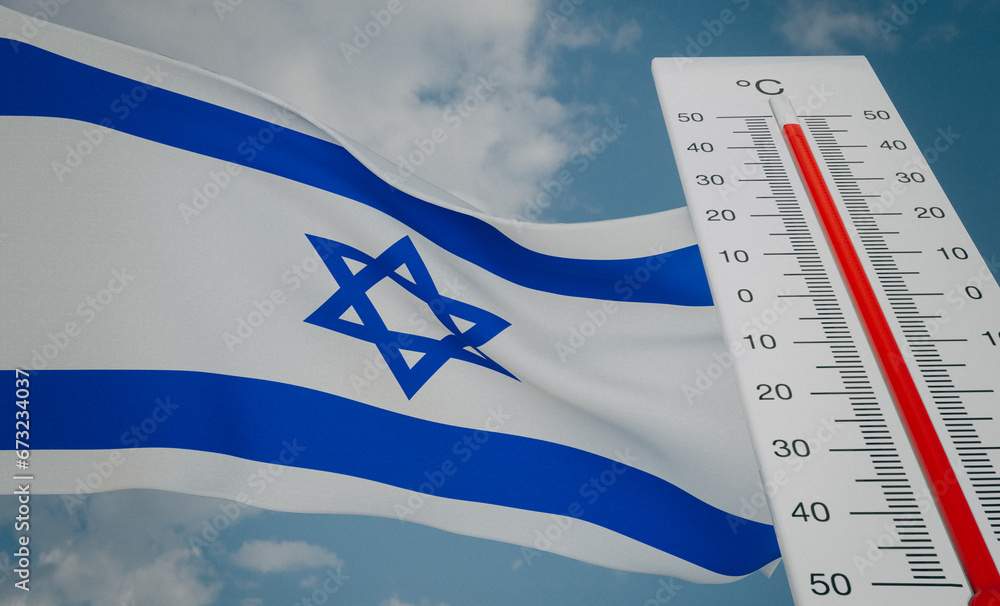 Heat wave in Israel, Thermometer in front of flag Israel and sky ...
