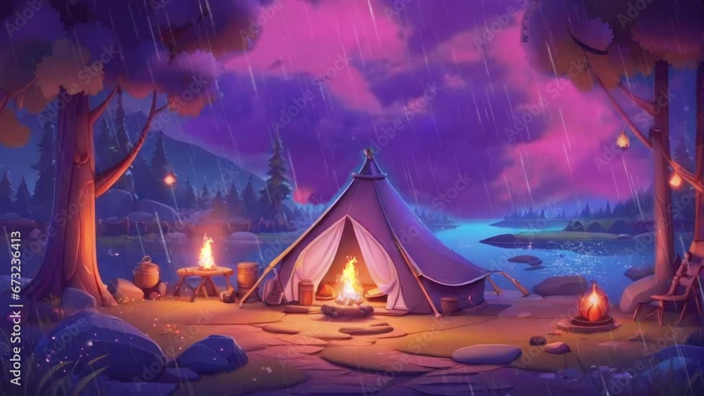 tent in the forest at night, seamless looping video animated background ...