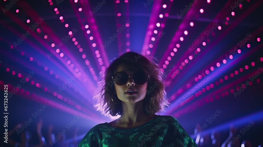 Beautiful girl in a Concert stage inside a big venue, people are ...