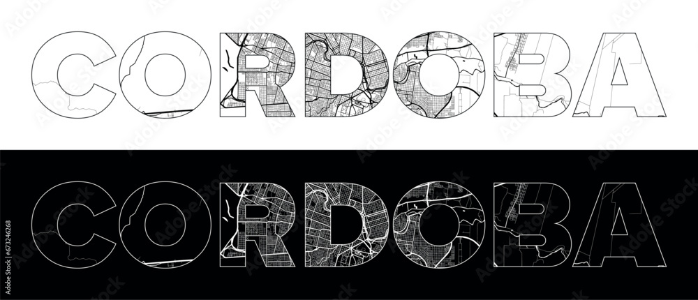 Cordoba City Name (Argentina, South America) with black white city map ... Cordoba City Name (Argentina, South America) with black white city map ...