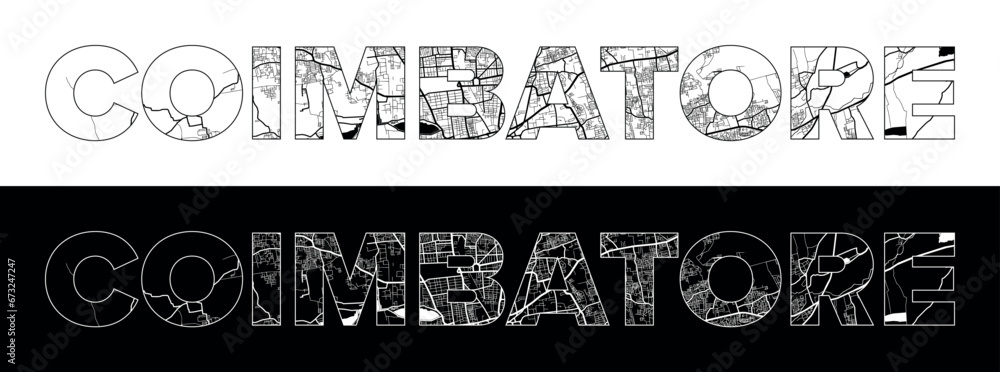 Coimbatore City Name (India, Asia) with black white city map ...