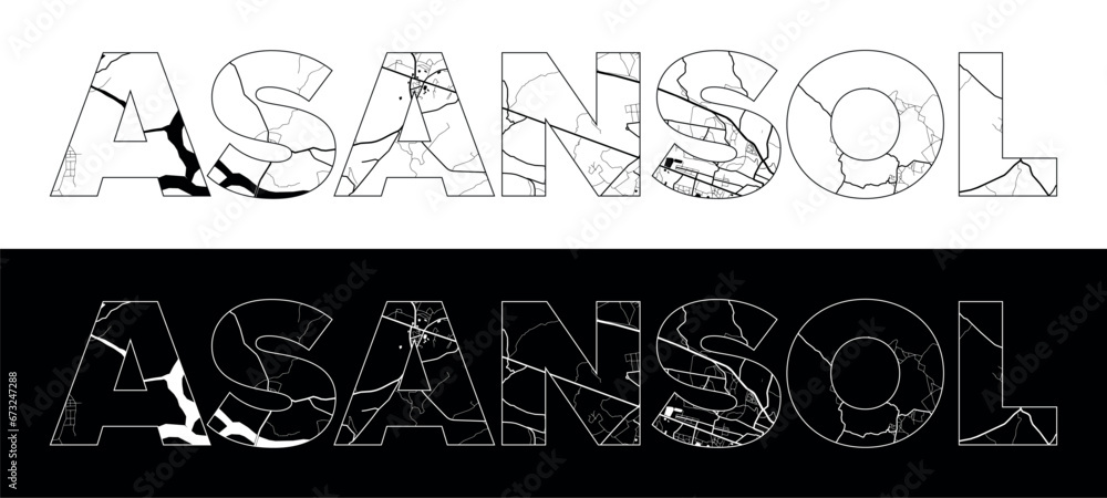 Asansol City Name (India, Asia) with black white city map illustration ...