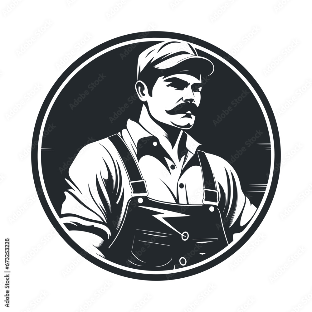 Retro vintage construction worker in uniform. Logo style clipart ...